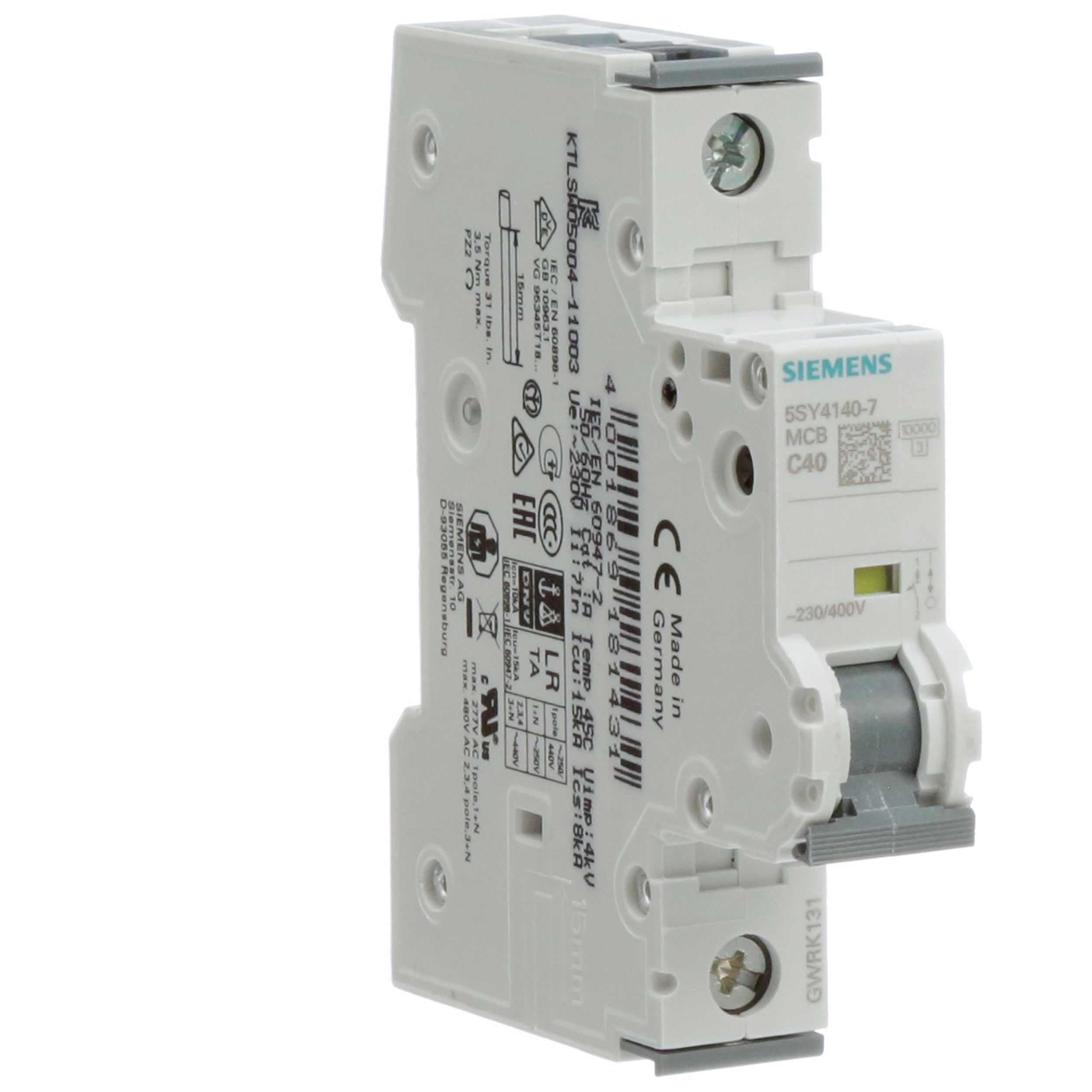 Siemens - 5SY4140-7 - SUP PTOR 5SY4 1P 240V 40A 7.5K C-TRIP - RS
